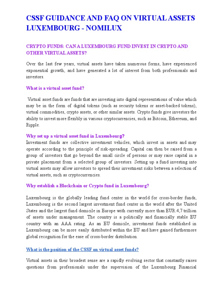 CSSF Guidance and Faq On Virtual Assets Luxembourg - Nomilux | PDF ...