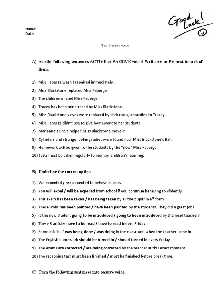 A) Are The Following Sentences ACTIVE or PASSIVE Voice? Write AV or PV ...