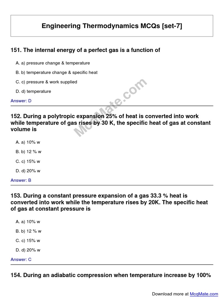 Engineering Thermodynamics Solved MCQs (Set-7) | Download Free PDF ...