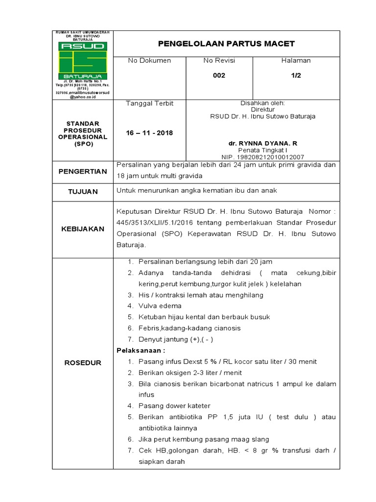 Spo Pengelolaan Partus Macet | PDF