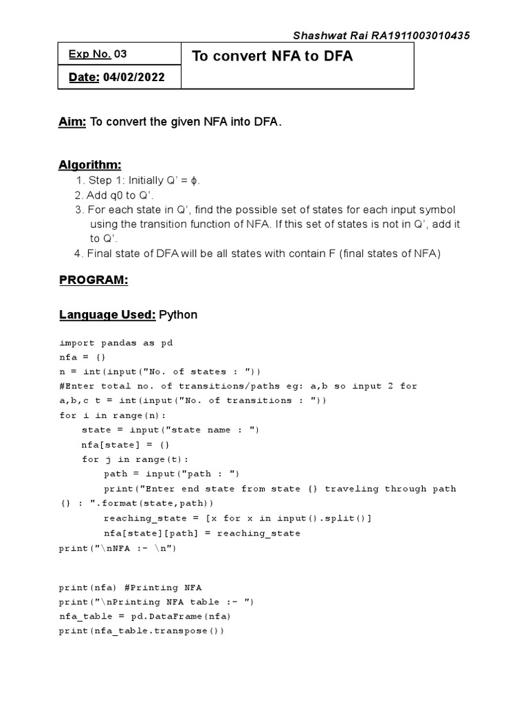 Converting An Nfa To A Dfa A Python Program To Implement The Powerset Construction Algorithm