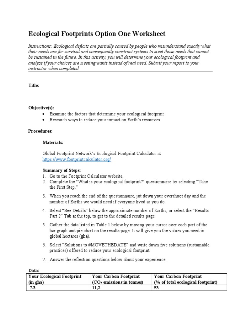 Ecological Footprints Option One Worksheet: Title | PDF | Nature ...