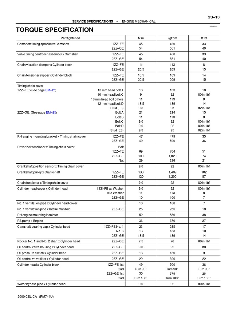 Torque Specification: Service Specifications | PDF | Rotating Machines ...