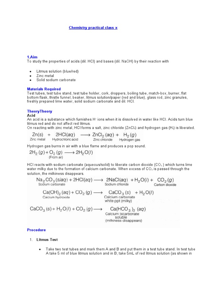 Chemistry Practical Class X | PDF | Hydrochloric Acid | Sodium Carbonate