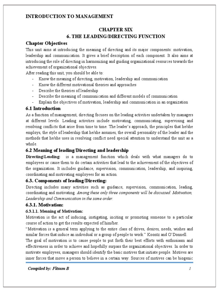 Introduction To Management Chapter Six 6. The Leading/Directing ...