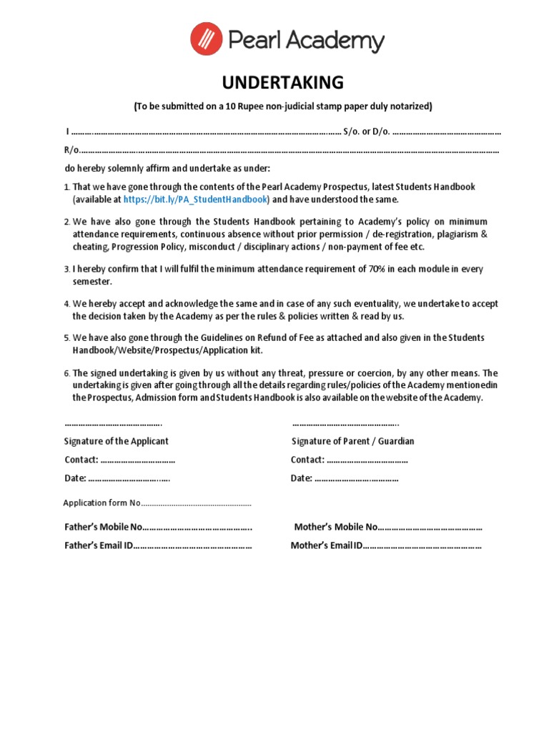 Undertaking: (To Be Submitted On A 10 Rupee Non-Judicial Stamp Paper ...