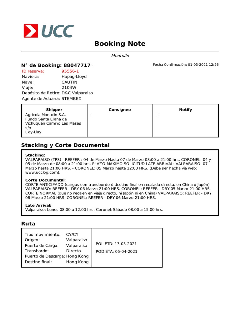 Booking Note 88047717 | PDF