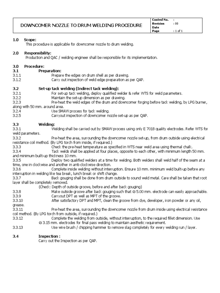 Downcomer Nozzle To Drum Welding Procedure: 1.0 Scope | PDF ...