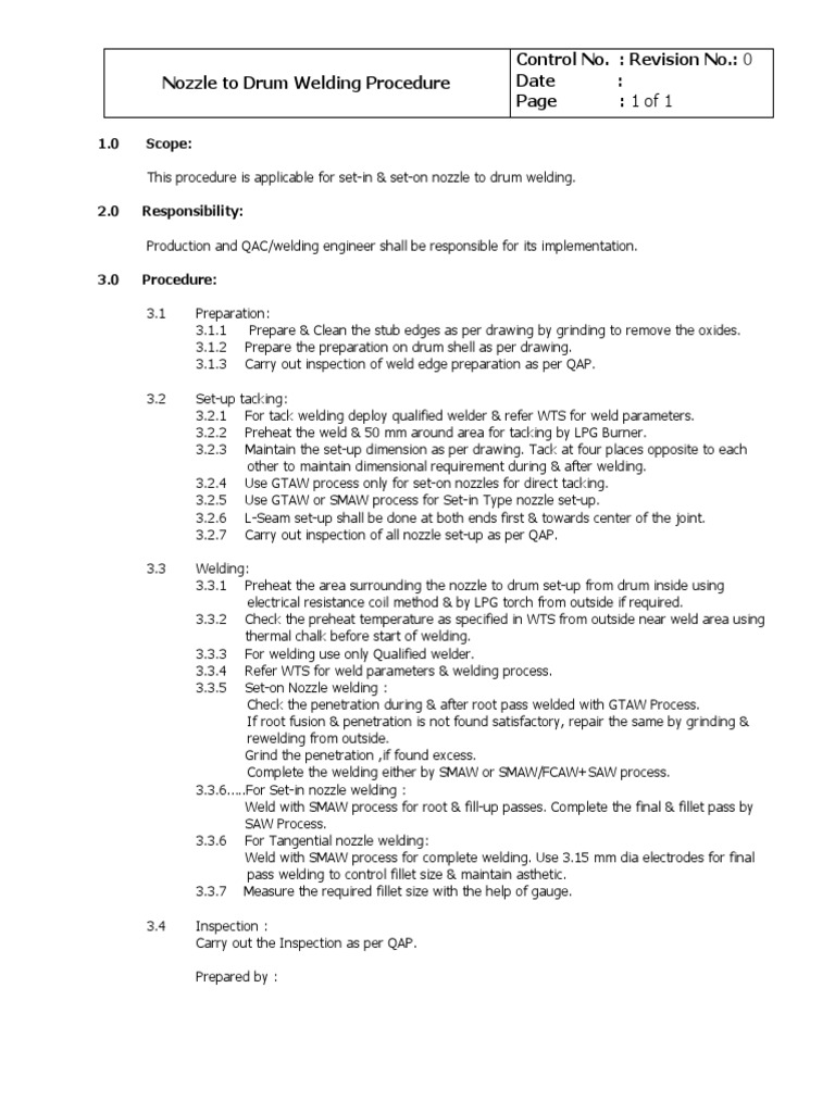 Nozzle To Drum Welding Procedure Control No.: Revision No.: 0 Date ...