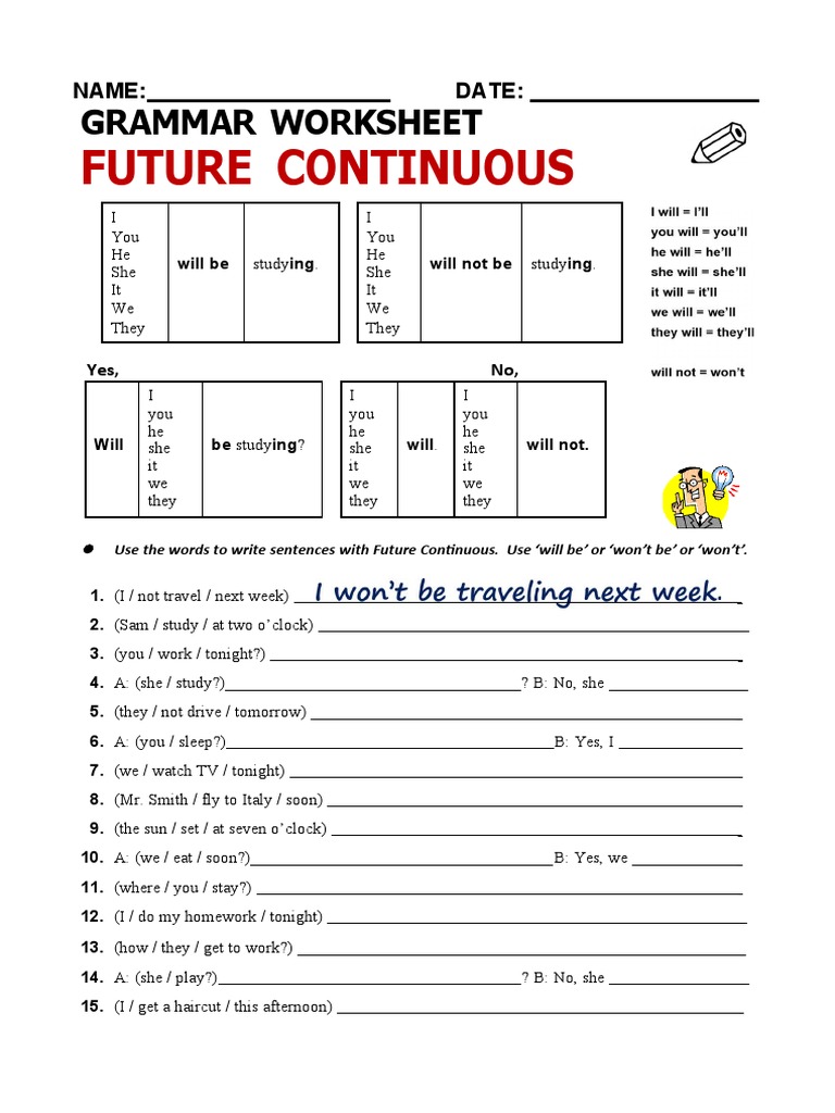 Future Continuous: Grammar Worksheet | PDF | Linguistics