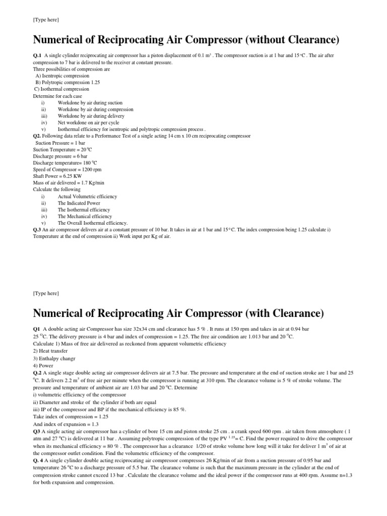 Exercise Single Stage Reciprocating Air Compressor | PDF | Continuum ...