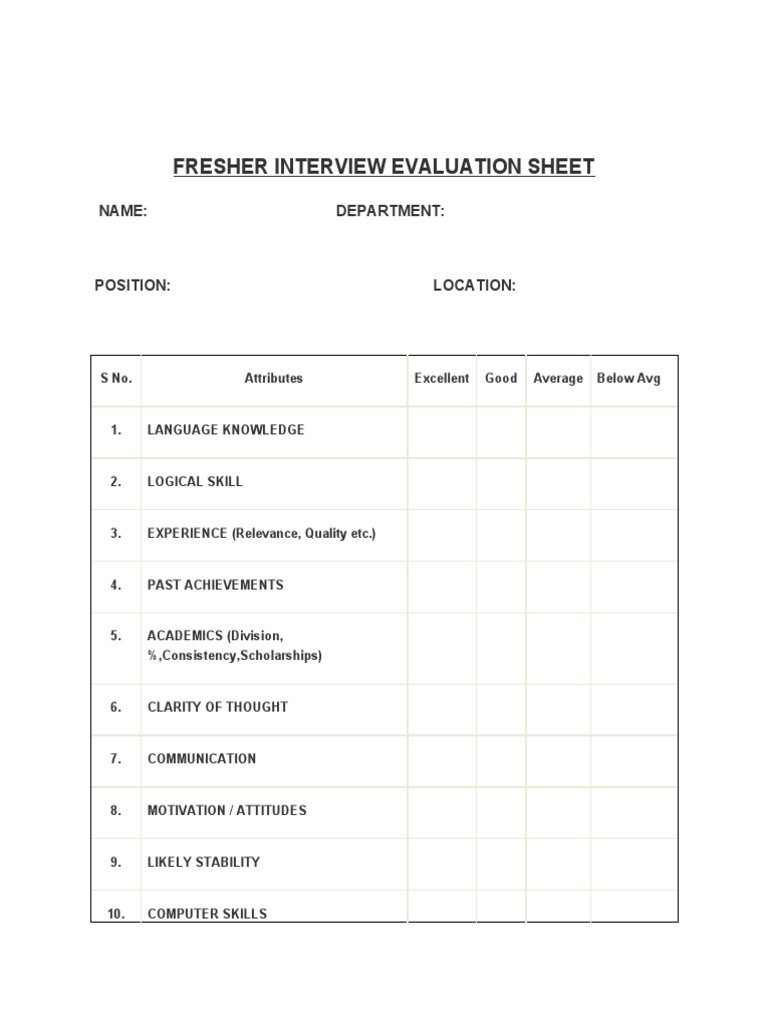 Fresher Interview Evaluation Sheet | PDF