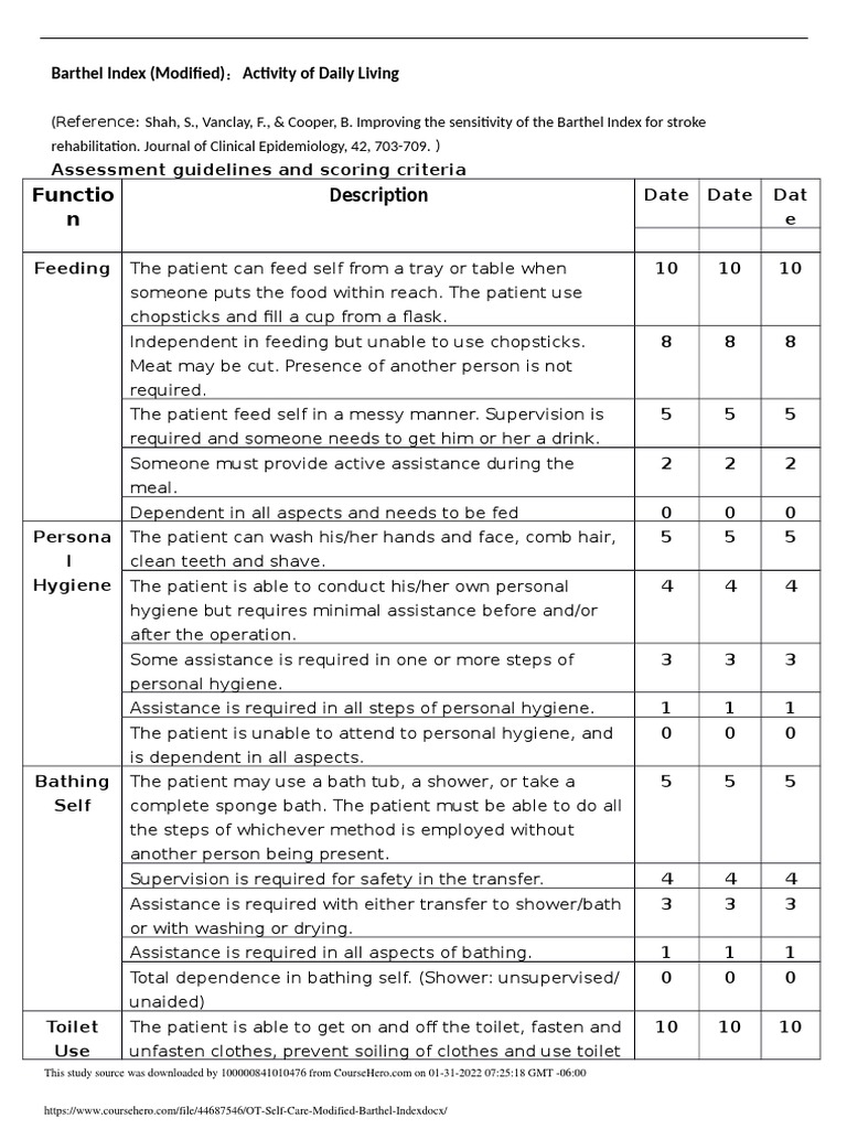 OT Self Care Modified Barthel Index | Download Free PDF | Stairs | Hygiene
