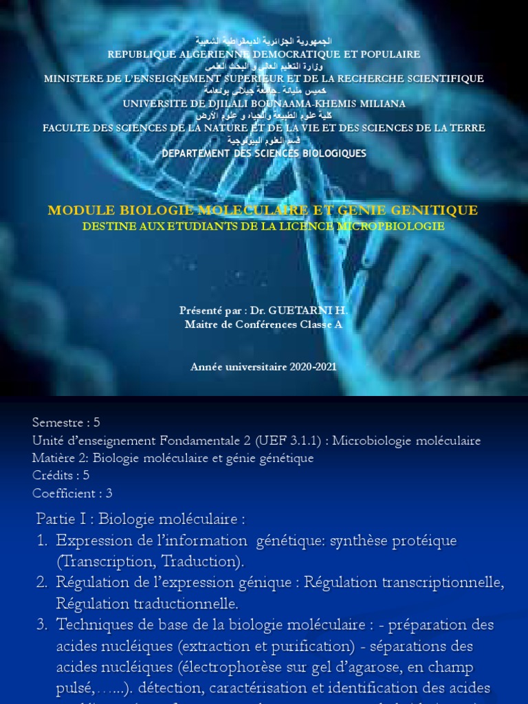 Module Biologie Moleculaire Et Genie Genetique. l3. Microbiologie 1 | PDF