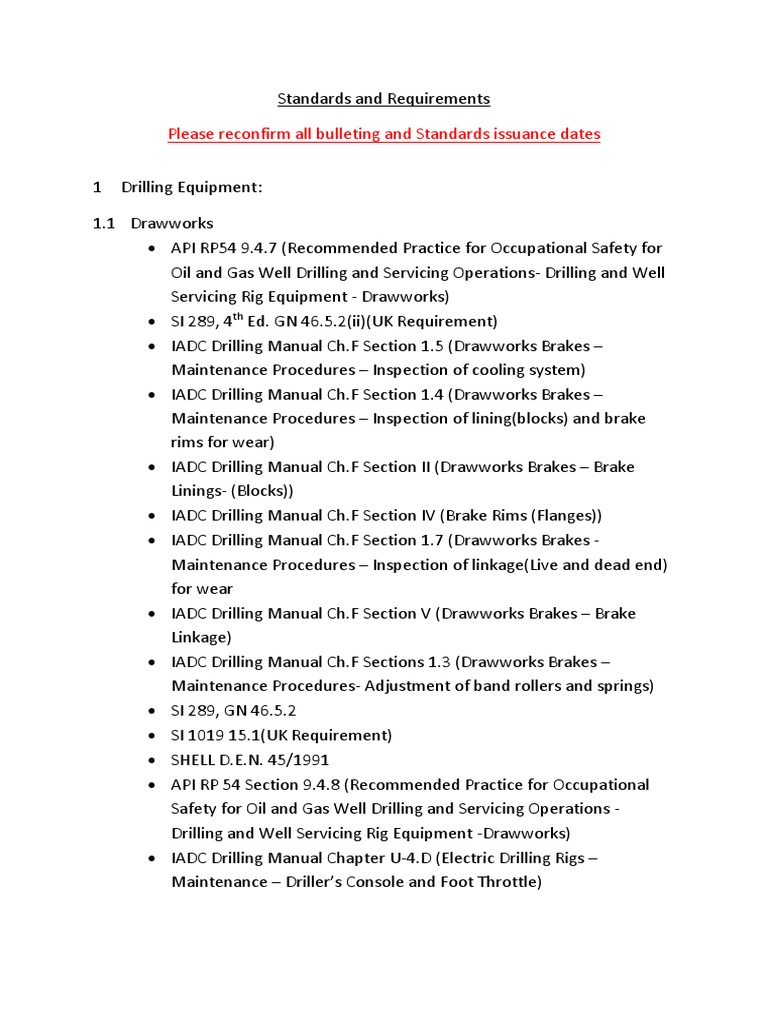 API Rig Equipment Standards Requirements For Checklist | PDF