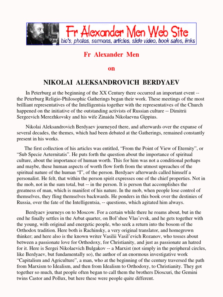 Nikolai Aleksandrovich Berdyaev: FR Alexander Men On | PDF | God | Jesus
