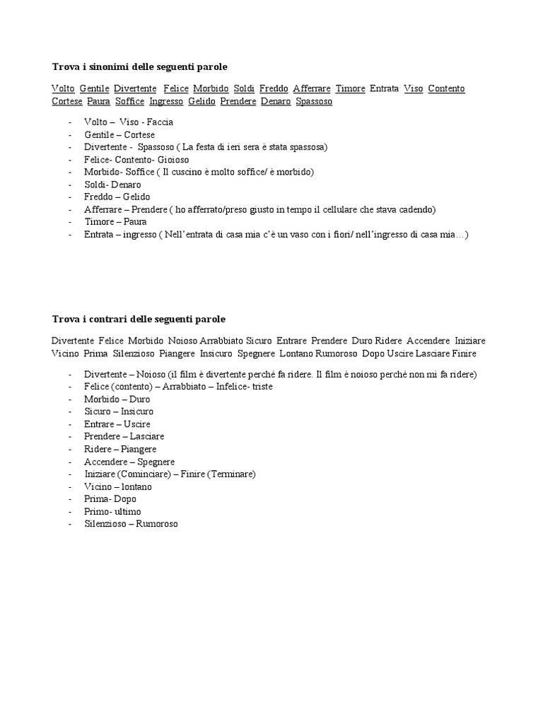 Esercizi Sinonimi e Contrari | PDF