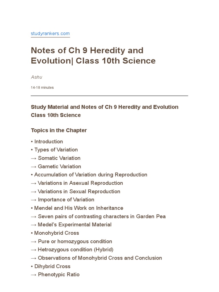 Heredity and Evolution Class 10 Notes | PDF | Evolution | Dominance ...