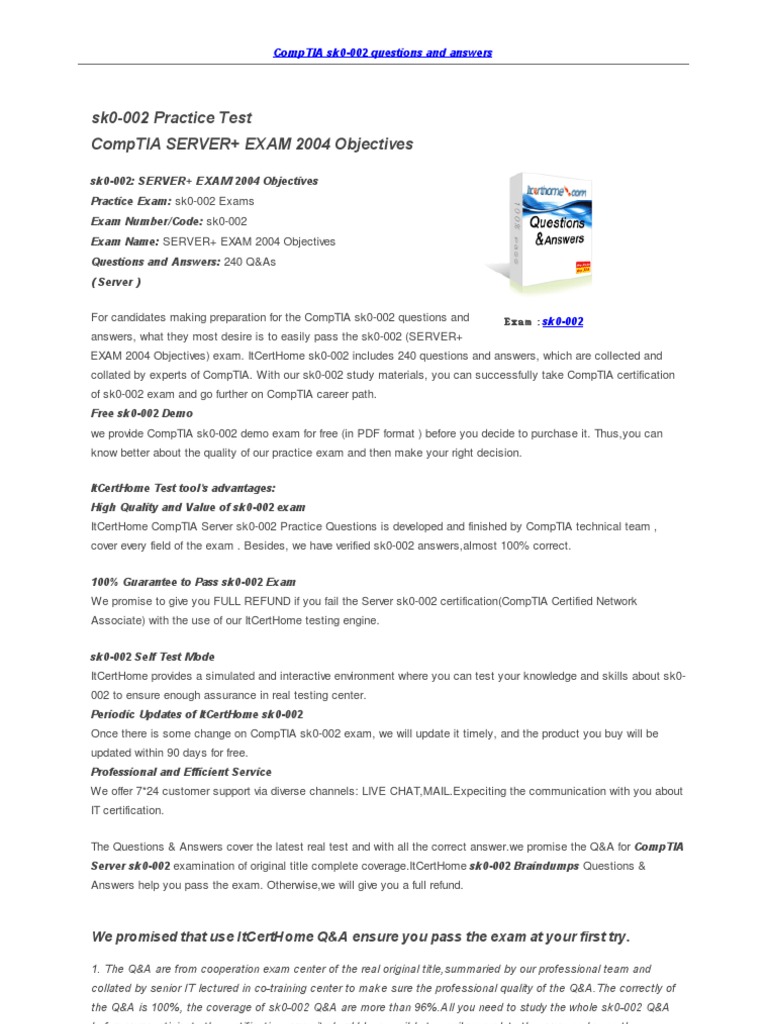 Sk0-002 Practice Test Comptia Server+ Exam 2004 Objectives | PDF ...