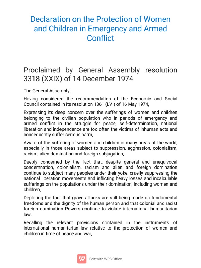 Declaration On The Protection of Women and Children in Emergency and ...