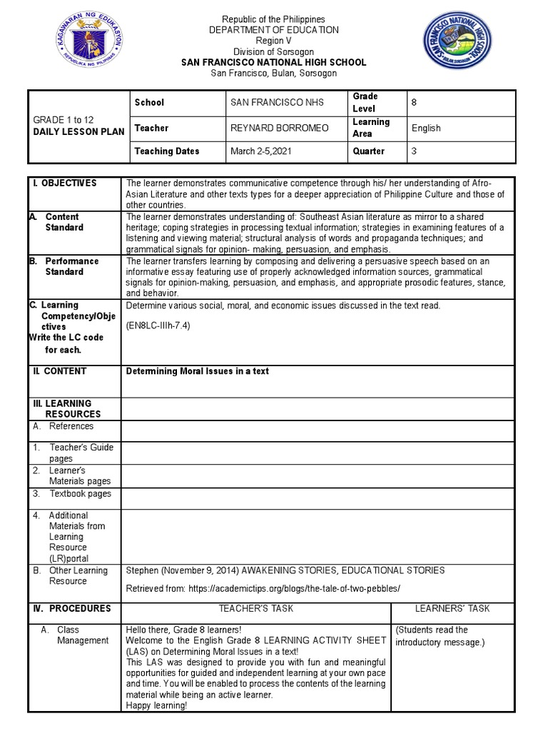 LESSON - PLAN - Grade 8 | PDF | Morality | Thought