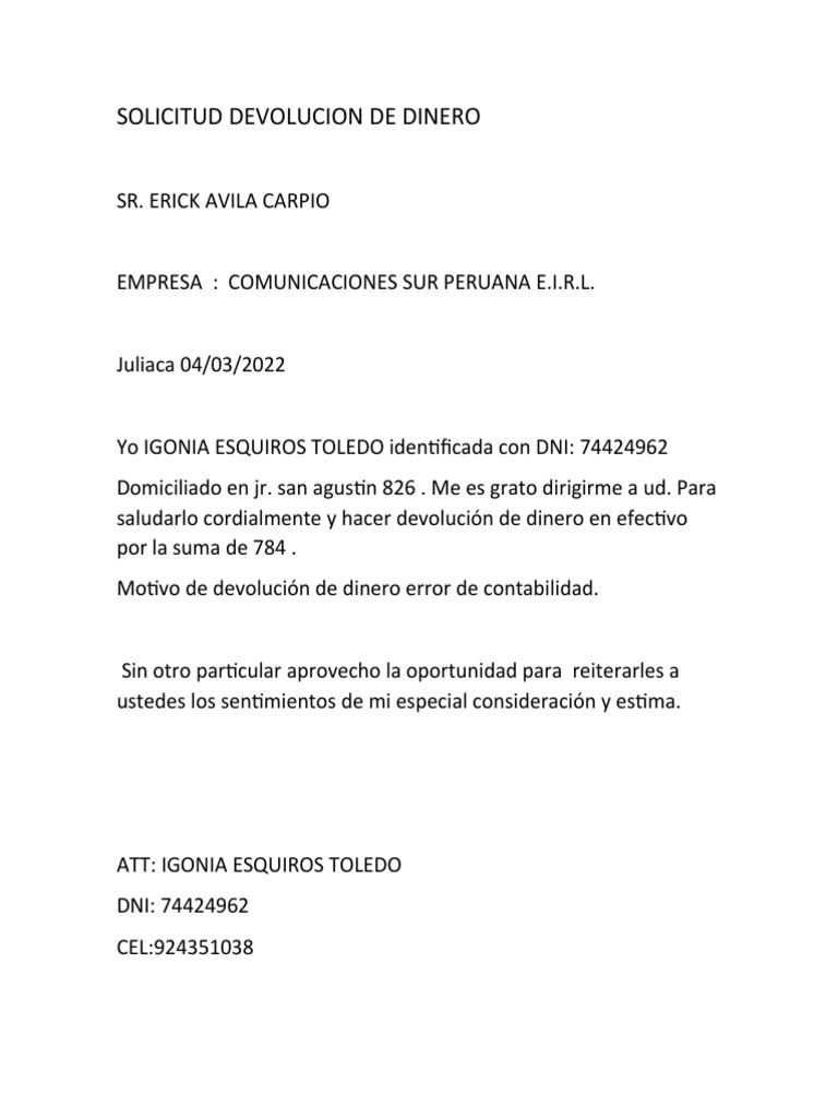 Solicitud Devolucion de Dinero | PDF