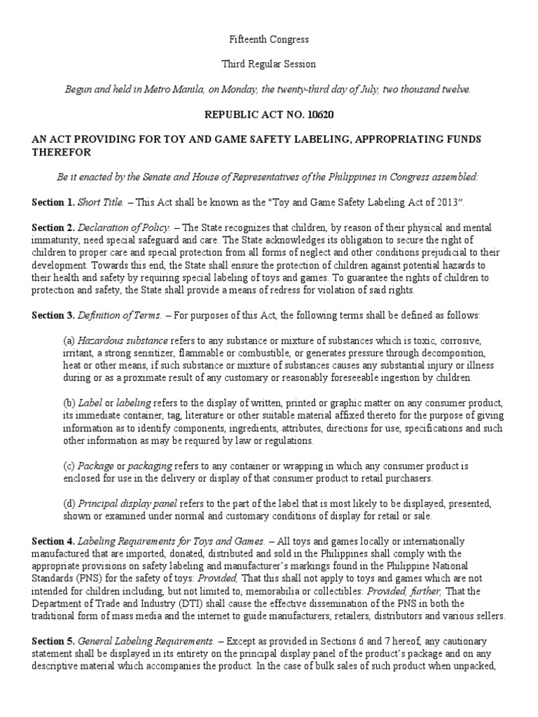 Ra 10620 Toy and Game Safety Labeling | PDF | Toys | Packaging And Labeling