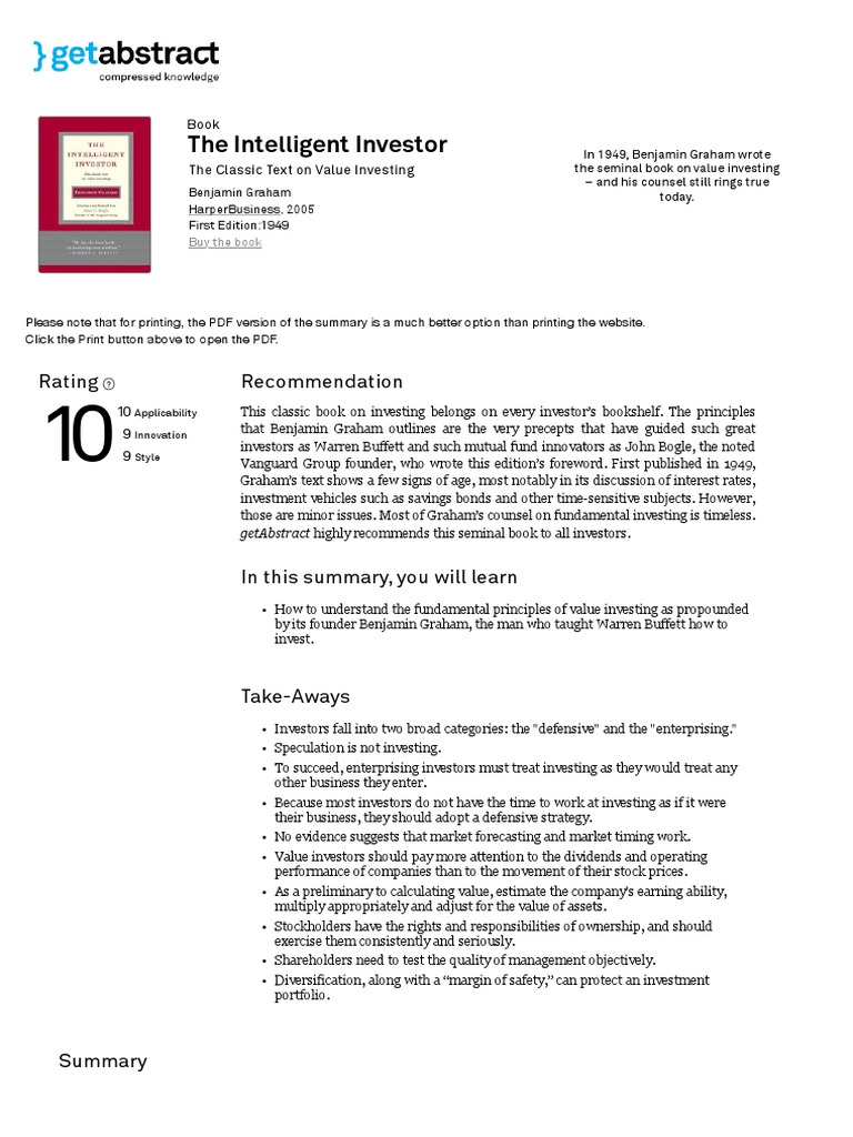 The Intelligent Investor Summary Benjamin Graham | PDF