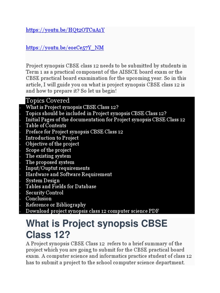 What Is Project Synopsis CBSE Class 12?: Topics Covered | PDF | Databases | User (Computing)