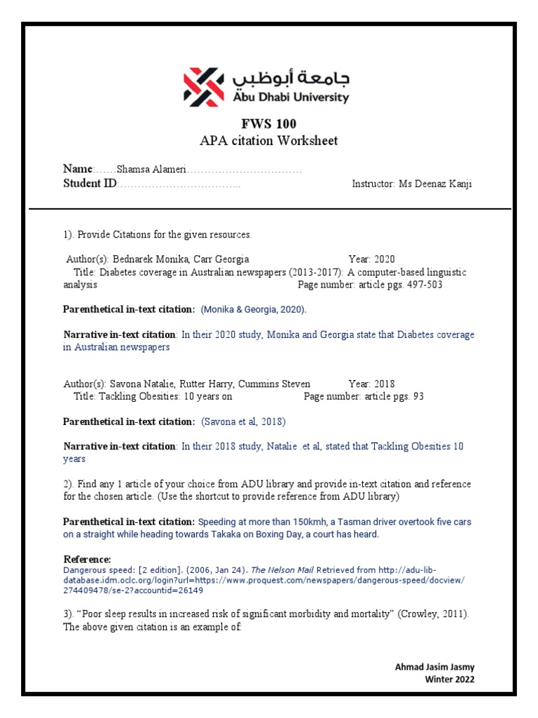 APA Citation Worksheet | PDF | Apa Style | Citation