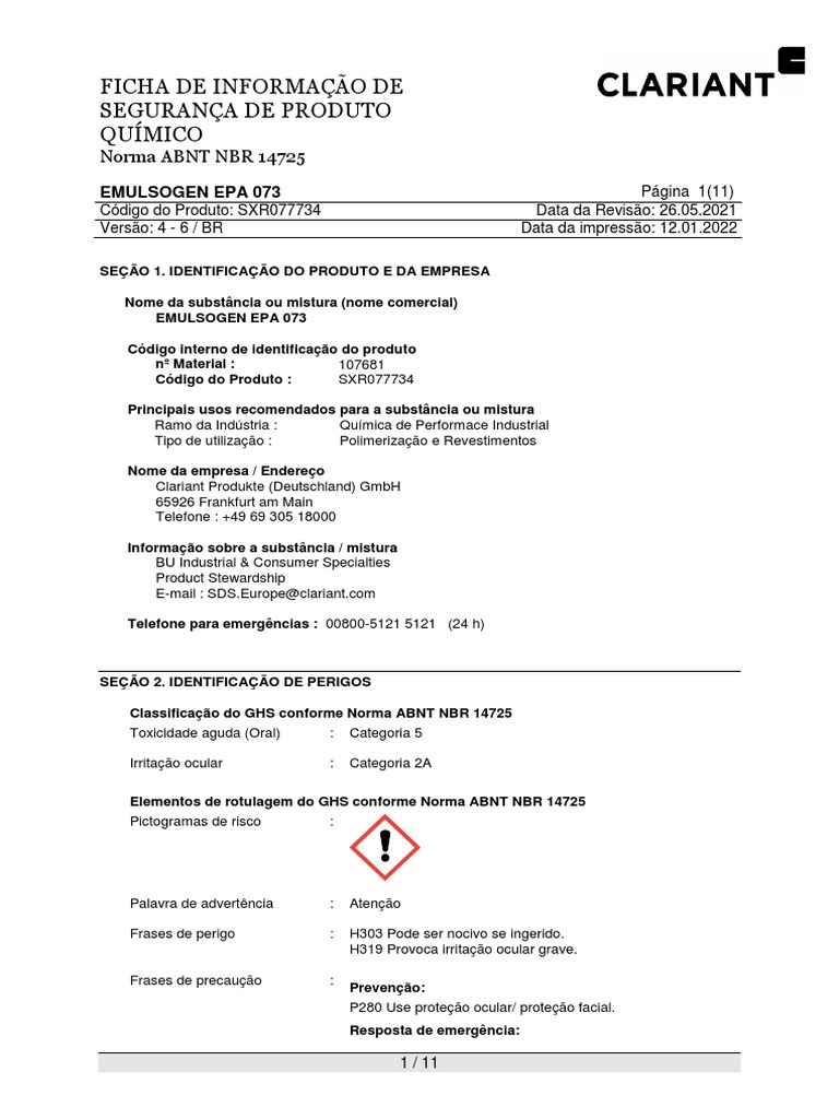 Ficha de Segurança Química Emulsogen EPA 073 | PDF | Química | Desperdício
