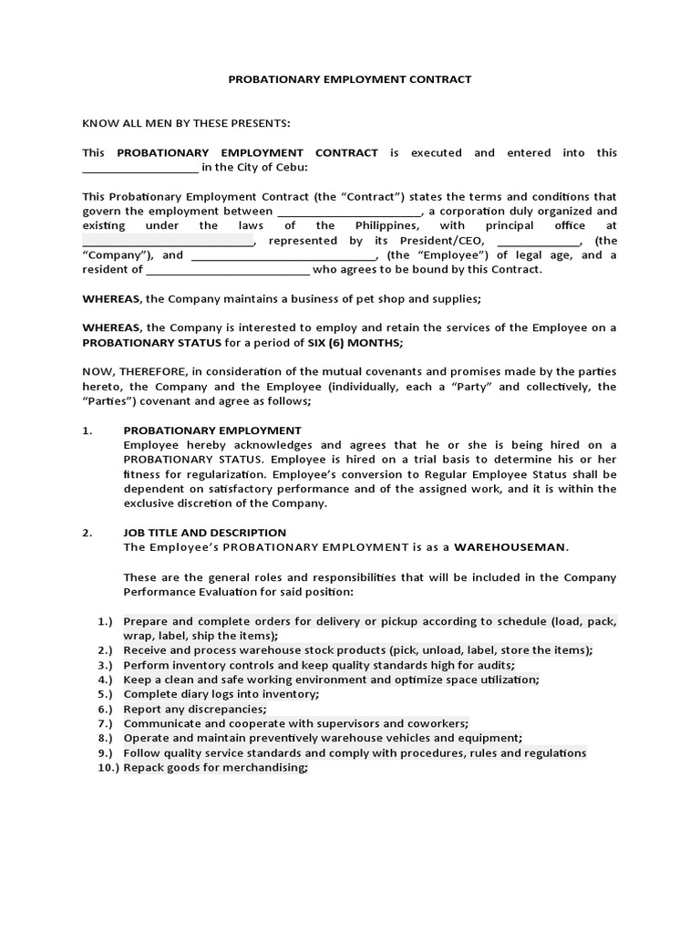 PROBATIONARY Employment Contract - SAMPLE | PDF | Employment | Salary