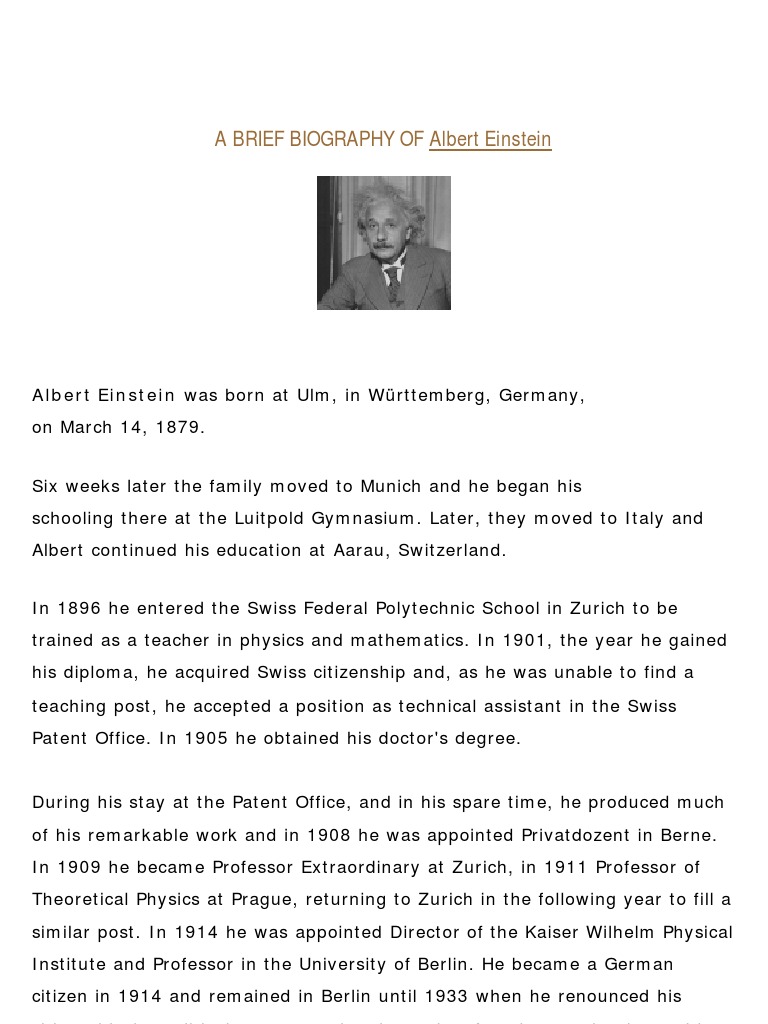 Albert Einstein: A Brief Biography | PDF | General Relativity | Albert ...