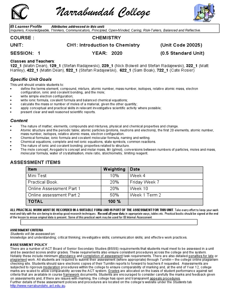 Chemistry 1 2020 Unit Outline - Adjusted - 2020 | PDF
