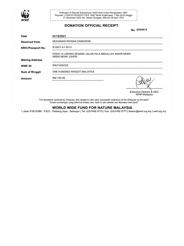 WWF-Malaysia Donation Official Receipt 2021 | PDF