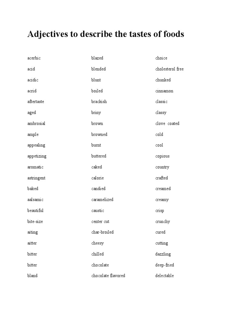 Adjective For Food | PDF | Taste | Foods