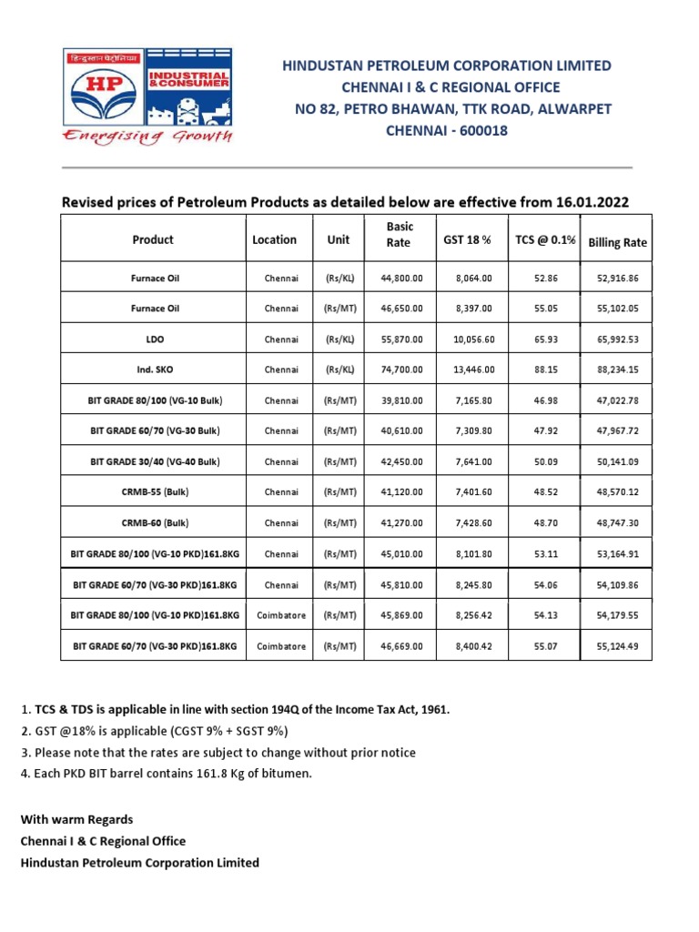 HPCL Chennai Revised Petroleum Prices | PDF | Economies | Taxes