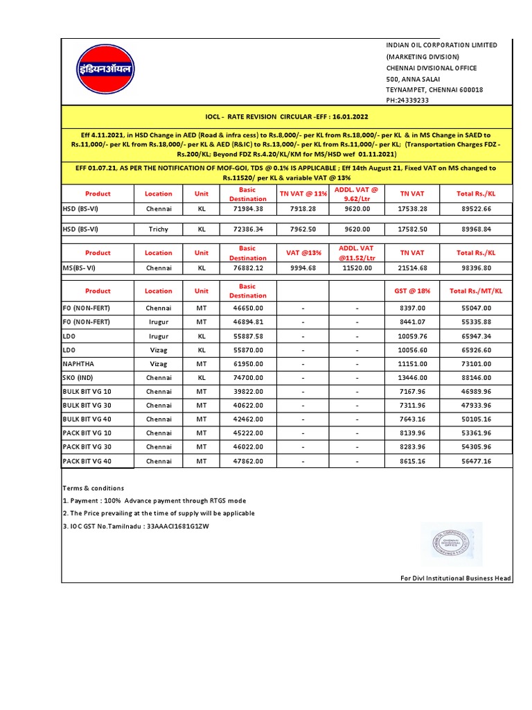 IOCL Rate Revision Circular January 2022 | PDF