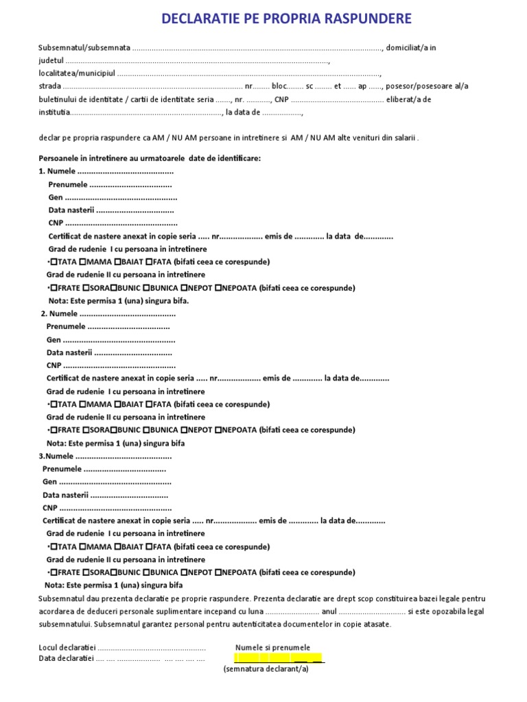 Declaratie Persoane Intretinere | PDF