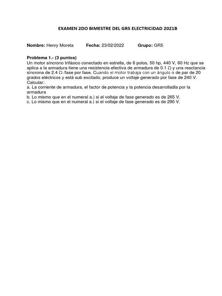 Examen Ejer 2do Bimestre de Electricidad Gr5 2021b | PDF | Ciencia y matemáticas