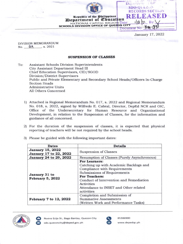 SUSPENSION-OF-CLASS - Sample Memo | PDF | Document | Written Communication