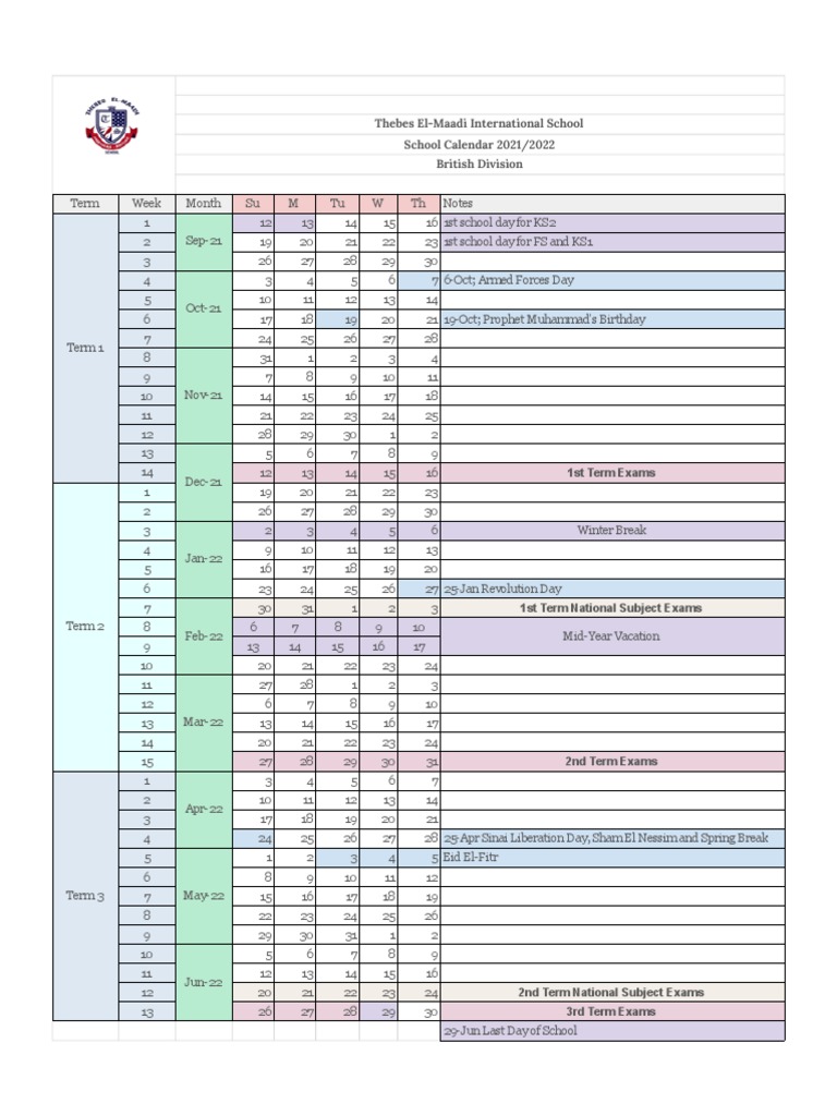 Thebes El-Maadi International School School Calendar 2021/2022 British ...