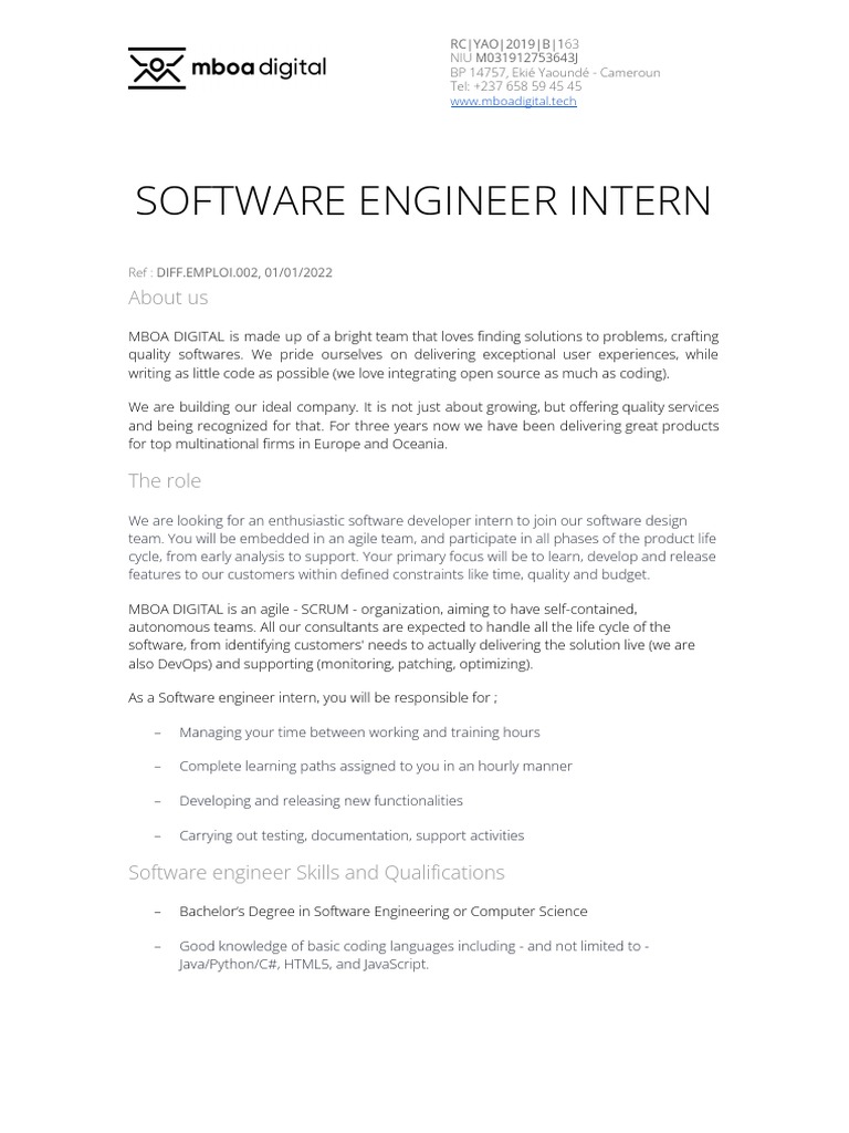 Job Description - SOFTWARE ENGINEER INTERN at MBOA DIGITAL | PDF ...