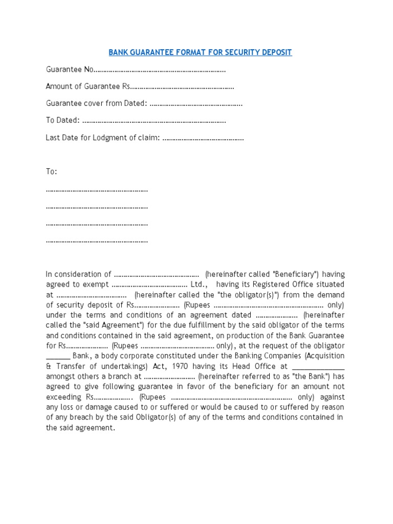 Bank Guarantee Format for Security Deposit | PDF | Guarantee | Justice