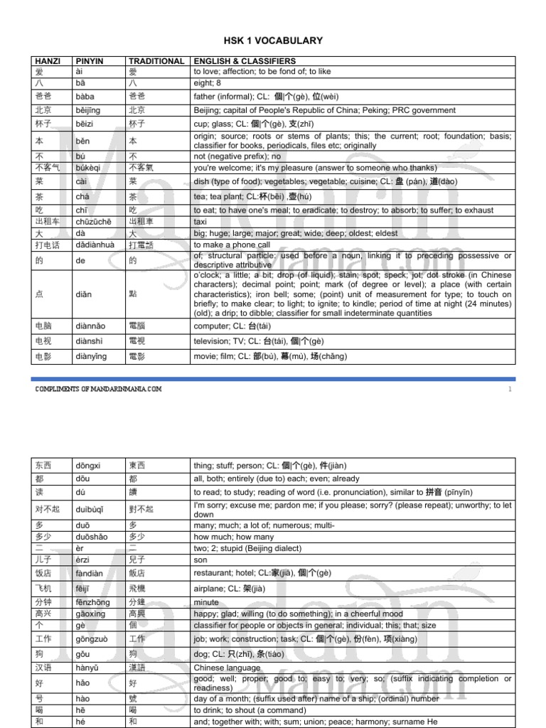 HSK 1 Vocabulary: Hanzi Pinyin Traditional English & Classifiers | PDF ...