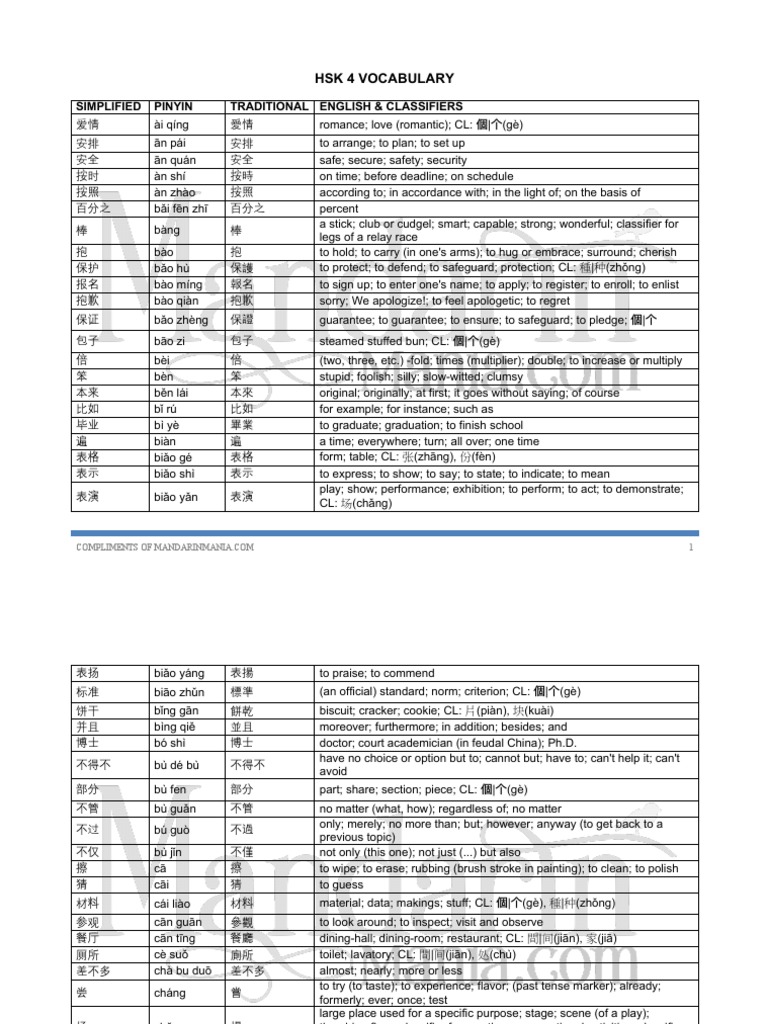 HSK 4 Word List | PDF