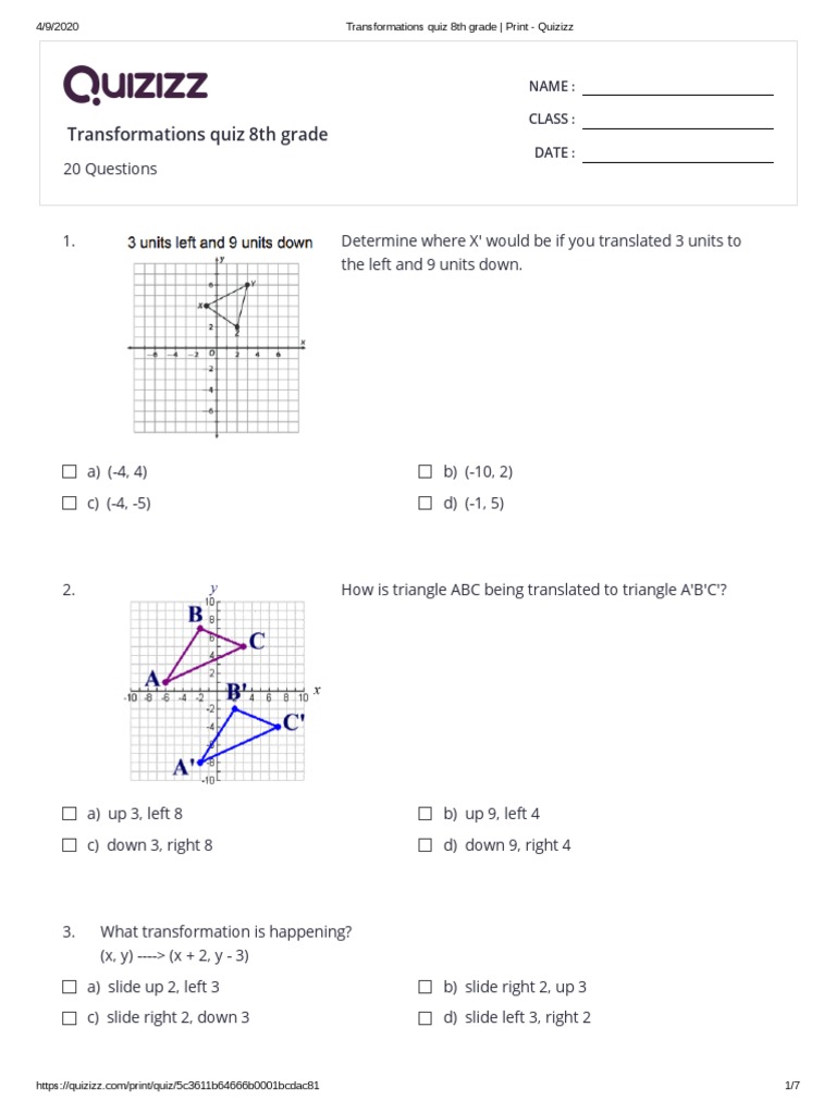 8th Grade Transformations Quiz | PDF | Cartesian Coordinate System ...