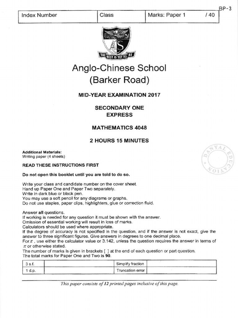 Sec 1 Math Acs Sa1 2017 | PDF | Speed | Interest