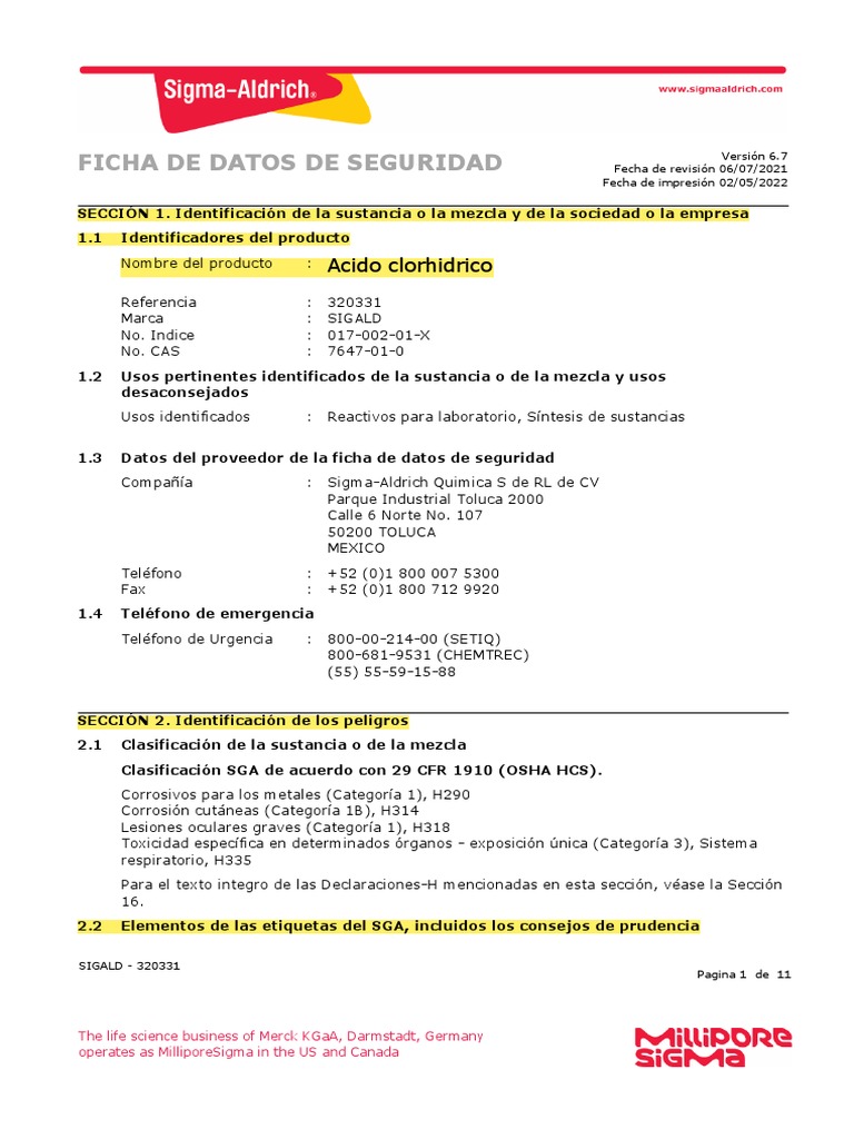 Ficha de Datos de Seguridad: Acido Clorhidrico | Descargar gratis PDF | Toxicidad | Agua