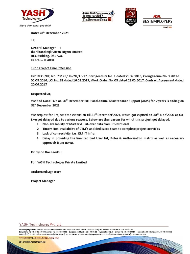 Project - Extension Letter - JBVNL | PDF